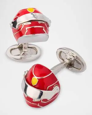 JAN LESLIE Race Car Helmet Enamel And Sterling Silver Cufflinks - Red