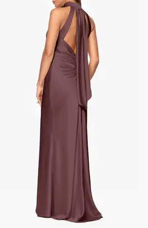 XSCAPE EVENINGS Halter Neck Satin Sheath Gown - Chocolate