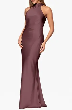 XSCAPE EVENINGS Halter Neck Satin Sheath Gown - Chocolate