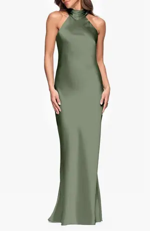 XSCAPE EVENINGS Halter Neck Satin Sheath Gown - Olive