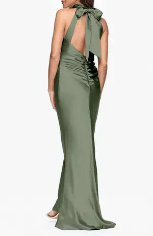 XSCAPE EVENINGS Halter Neck Satin Sheath Gown - Olive