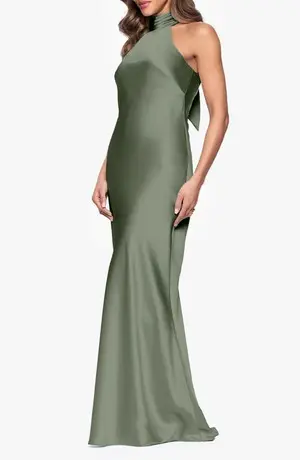 XSCAPE EVENINGS Halter Neck Satin Sheath Gown - Olive