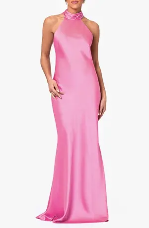 XSCAPE EVENINGS Halter Neck Satin Sheath Gown - Pink