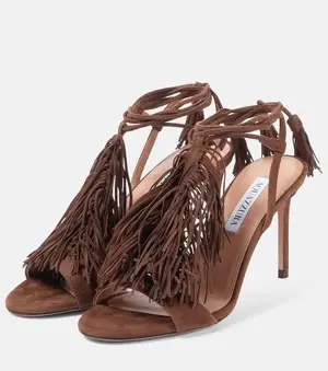 AQUAZZURA 85 Fringed Suede Sandals - Brown