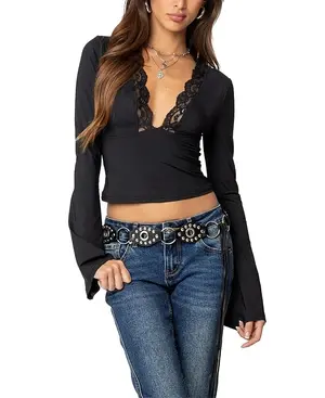 EDIKTED Tina Lacey Plunge Neck Top - Black