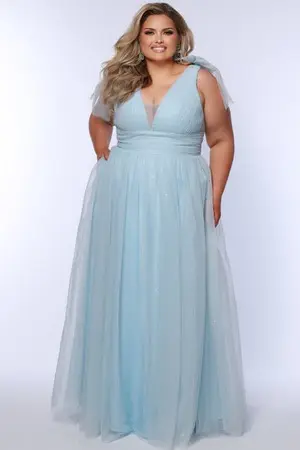 SYDNEY'S CLOSET V-neckline A-line Gown With Bows - Ice Blue