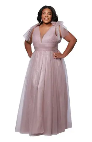 SYDNEY'S CLOSET V-neckline A-line Gown With Bows - Mauve