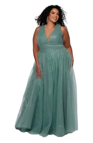 SYDNEY'S CLOSET V-neckline A-line Gown With Bows - Sage