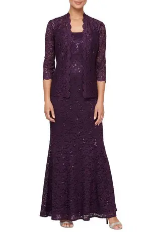 SL FASHIONS Sequin Lace A-line Gown With Jacket - Eggplant