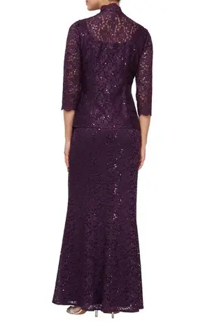 SL FASHIONS Sequin Lace A-line Gown With Jacket - Eggplant