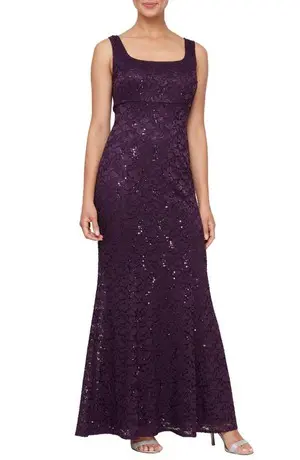SL FASHIONS Sequin Lace A-line Gown With Jacket - Eggplant