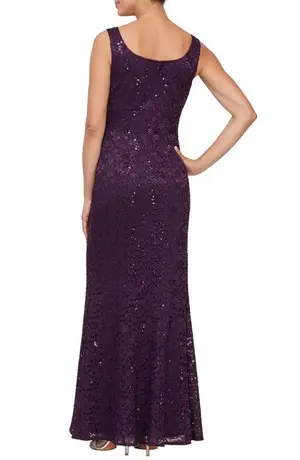 SL FASHIONS Sequin Lace A-line Gown With Jacket - Eggplant
