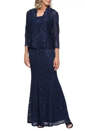 SL FASHIONS Sequin Lace A-line Gown With Jacket - Navy