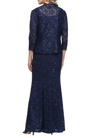 SL FASHIONS Sequin Lace A-line Gown With Jacket - Navy
