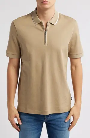 BOSS Paras Quarter Zip Cotton Polo Light Beige