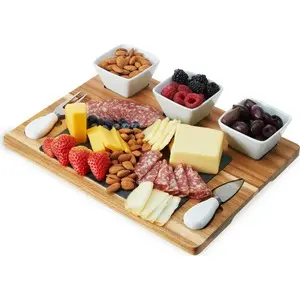 TWINE Acacia Wood & Slate Cheese Board Set With Ceramic Bowls - Brown