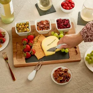 TWINE Acacia Wood & Slate Cheese Board Set With Ceramic Bowls