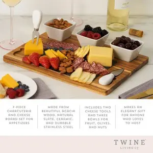 TWINE Acacia Wood & Slate Cheese Board Set With Ceramic Bowls