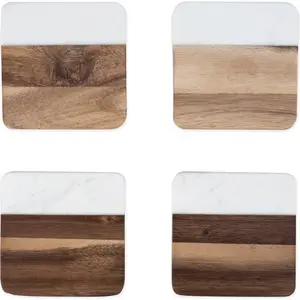 TWINE Marble & Acacia Coasters Set Of 4 - White