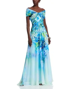 Rickie Freeman For Teri Jon Chiffon Leaf Print Gown