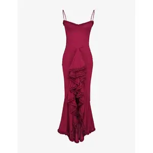House Of Cb Gabbi Ruffle-front Mesh Maxi Dress - Beet Red