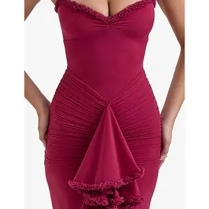 House Of Cb Gabbi Ruffle-front Mesh Maxi Dress - Beet Red