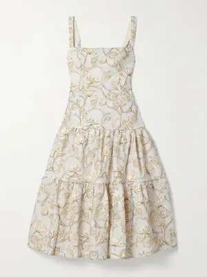 Agua Bendita Lima Soledad Embellished Floral-print Tulle Midi Dress - Neutrals