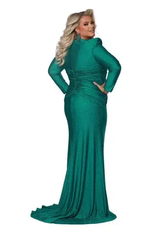 SYDNEY'S CLOSET Ruched Long Sleeve V-neck Evening Gown - Emerald