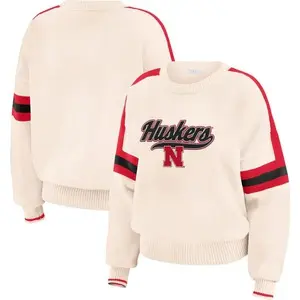 WEAR BY ERIN ANDREWS Nebraska Huskers Chenille Woven Patch Stripe Pullover Sweater - Cream