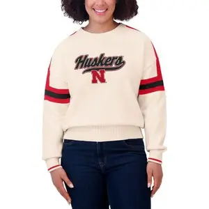 WEAR BY ERIN ANDREWS Nebraska Huskers Chenille Woven Patch Stripe Pullover Sweater