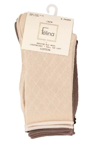 Felina Assorted 6-pack Textured Mesh Crew Socks - Java/ Taupe/ Shell