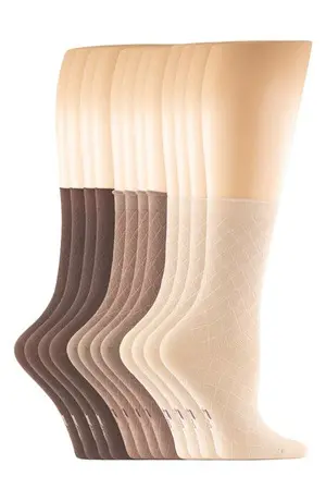 Felina Assorted 6-pack Textured Mesh Crew Socks - Java/ Taupe/ Shell