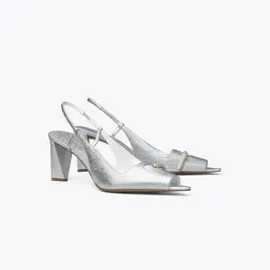 Tory Burch Pierced Peep-toe Slingback - Bright Silver/silver