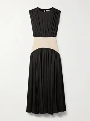 Unknown Abadia Suri Paneled Twill And Crinkled-voile Maxi Dress