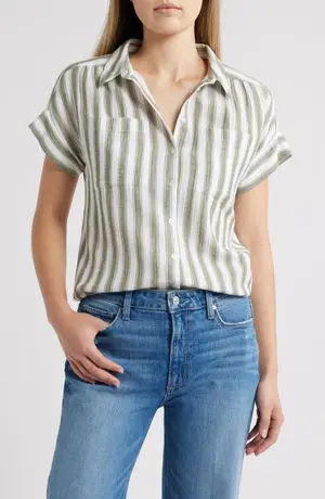 Caslon Cotton Gauze Button-up Shirt - White- Green Frida Stripe