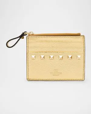 Valentino Garavani Rockstud Metallic Leather Card Case Old Gold