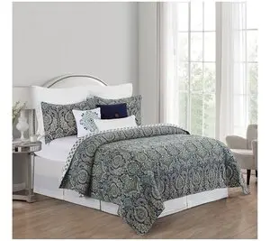 VALERIE PARR HILL Ada Navy Blue Damask Full/queen Cotton Quilt Se T Valerie - One-color