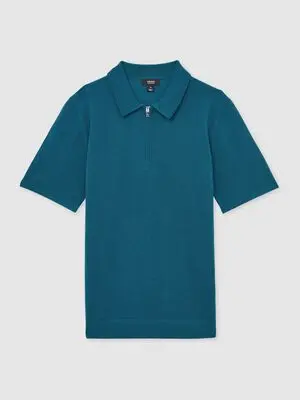 REISS Maxwell Wool Half-zip Polo Shirt - Deep Teal Blue