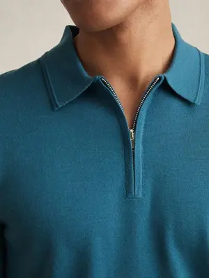 REISS Maxwell Wool Half-zip Polo Shirt - Deep Teal Blue