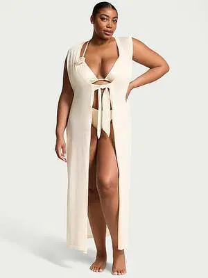 Victoria's Secret Swim Beachwear Knit Tie-front Maxi Cover-up - White,ivory