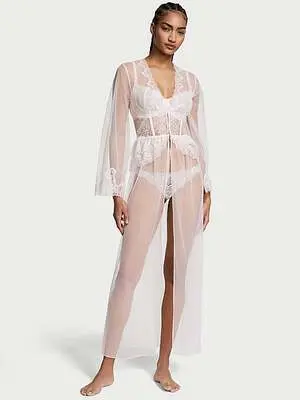 Victoria's Secret Very Sexy Rose Lace & Tulle Corset Long Robe - White,ivory