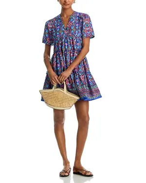 Aqua Mosaic Tile Puff Sleeve Dress - Blue Multi