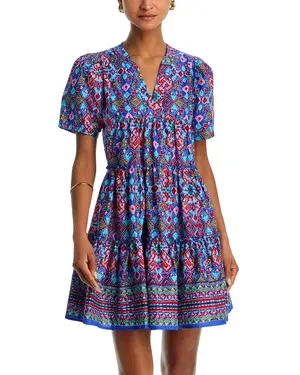 Aqua Mosaic Tile Puff Sleeve Dress