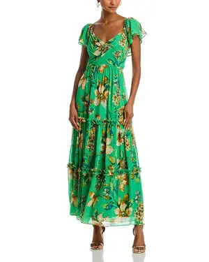 Aqua Floral Chiffon Flutter Sleeve Maxi Dress - Green Floral