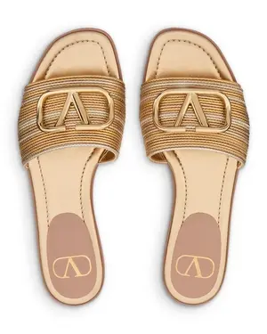 Valentino Garavani V Logo Signature Metallic Slide Sandals - Gold