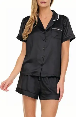 Flora Nikrooz Satin Short Pajamas With Faux Pearl Trim - Black