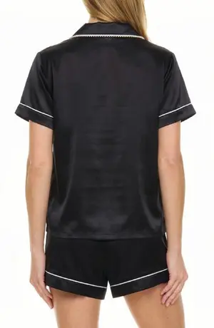 Flora Nikrooz Satin Short Pajamas With Faux Pearl Trim - Black