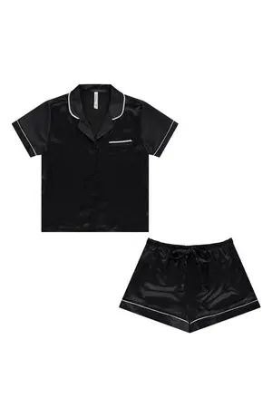 Flora Nikrooz Satin Short Pajamas With Faux Pearl Trim - Black