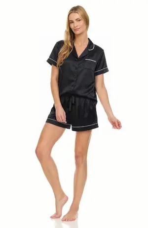 Flora Nikrooz Satin Short Pajamas With Faux Pearl Trim - Black