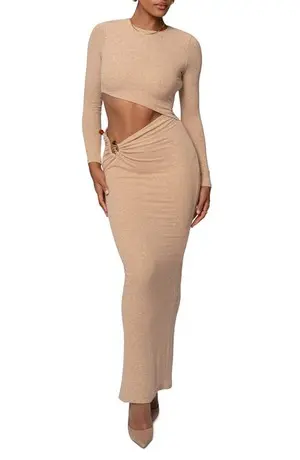 JLUXLABEL Cutout Long Sleeve Maxi Dress - Beige